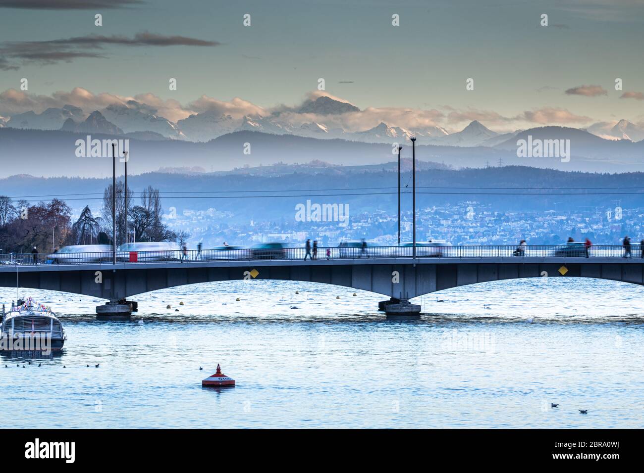Zurich, Switzerland - view of the Limmat river with its busy bridges ...