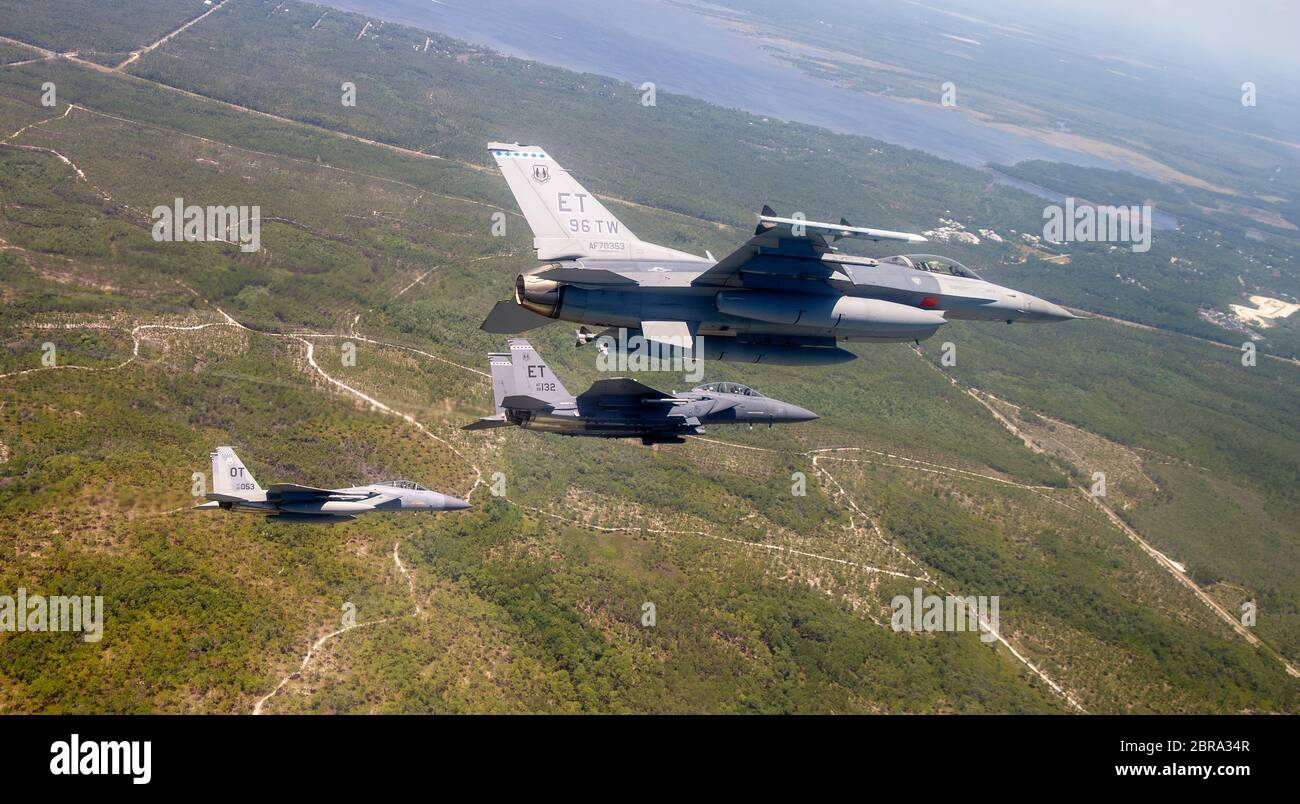 F-16s and F-15s from the 40th Flight Test Squadron set their formation ...