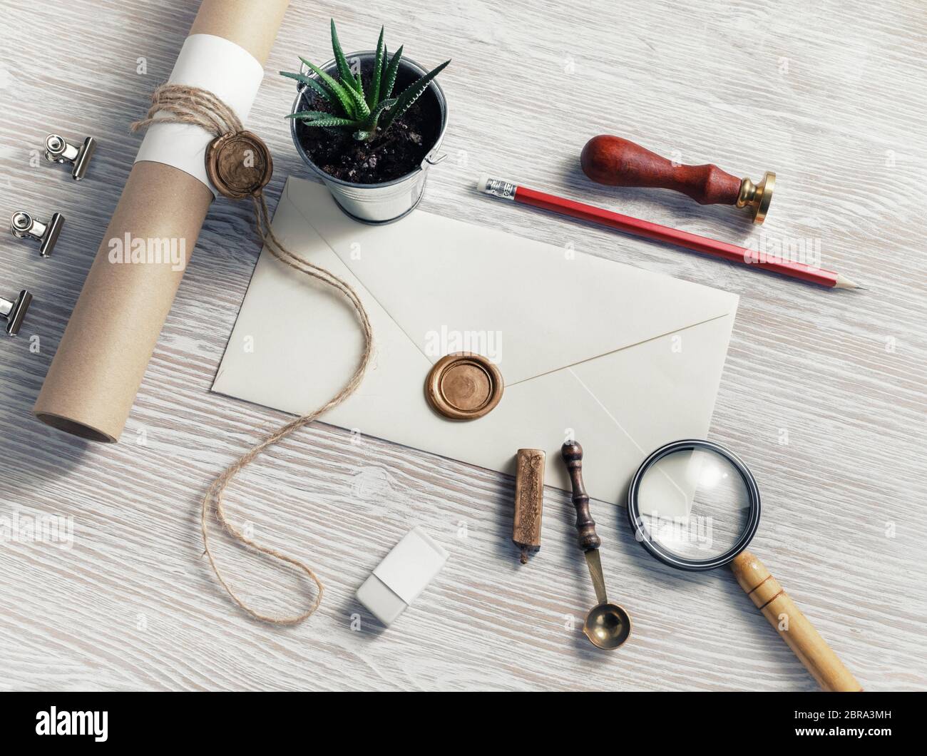 Vintage stationery set on light wood table background Stock Photo - Alamy