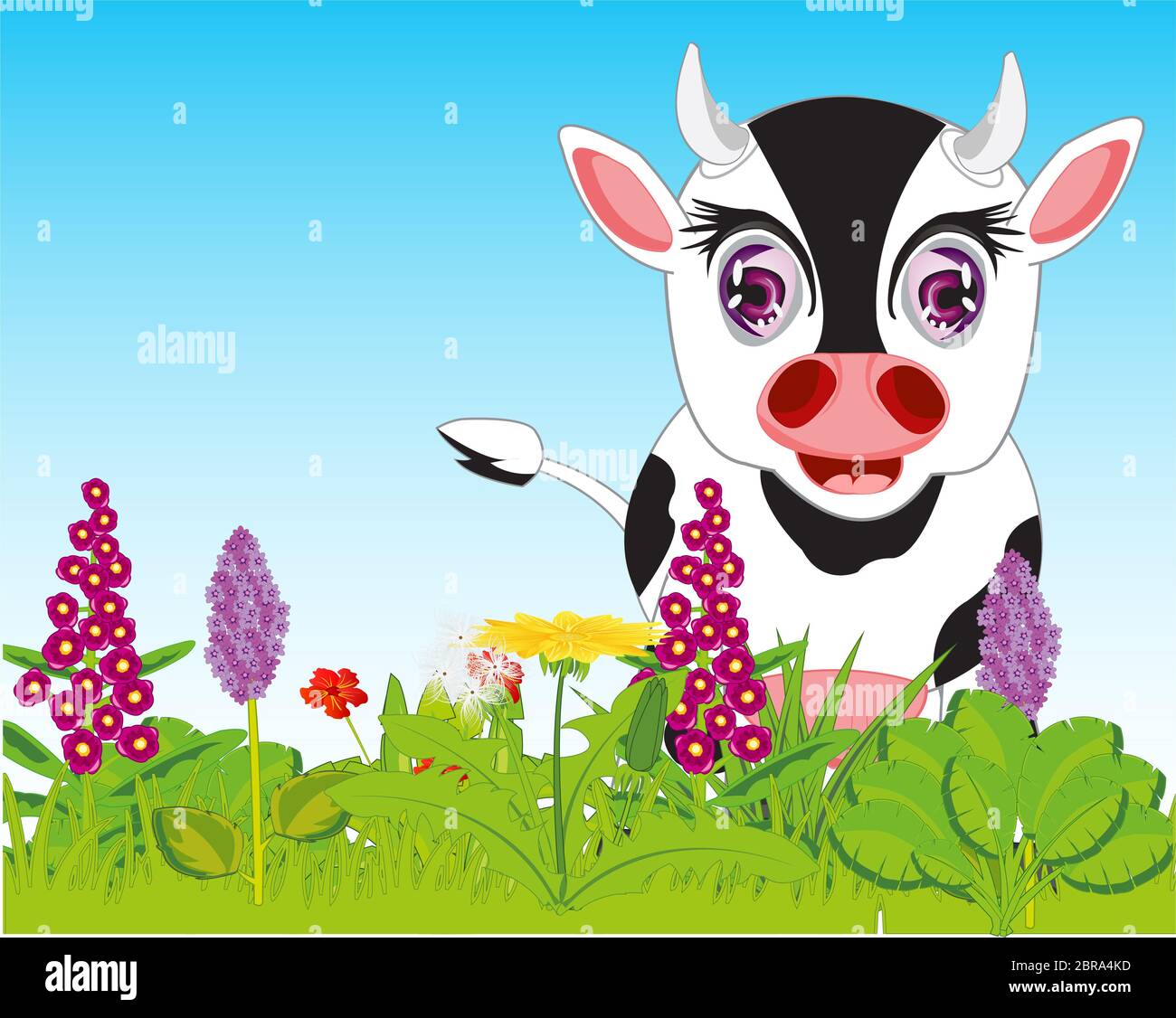 Vector illustration year glade with green plants and animal cow Stock ...