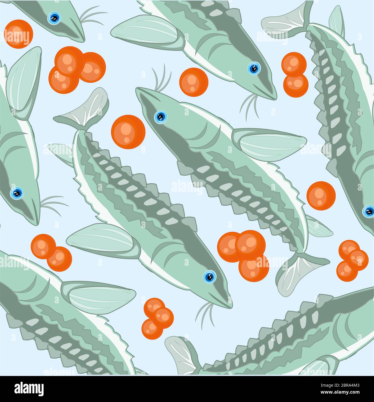 Decorative pattern of fish sturgeon and roes on turn blue background ...