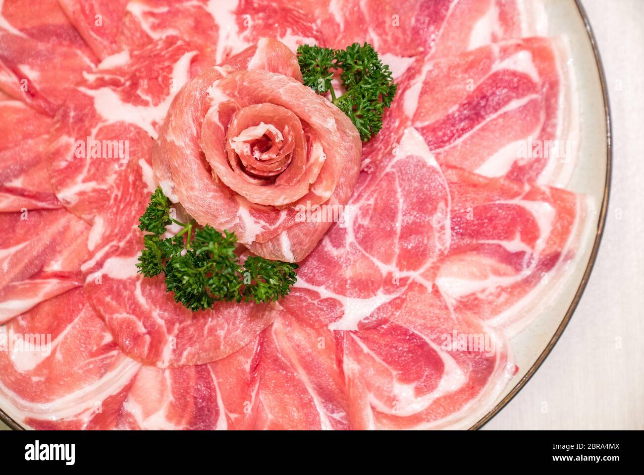 Raw Kurobuta pork meat set ready to cook Shabu shabu and sukiyaki Stock ...