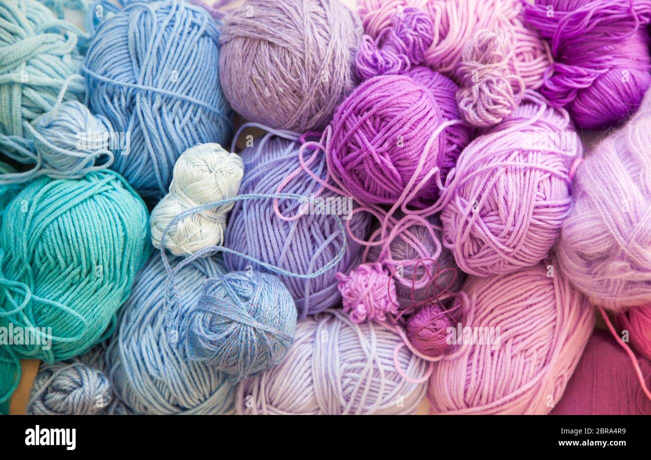 Colored balls of yarn. View from above. Rainbow colors. All colors ...