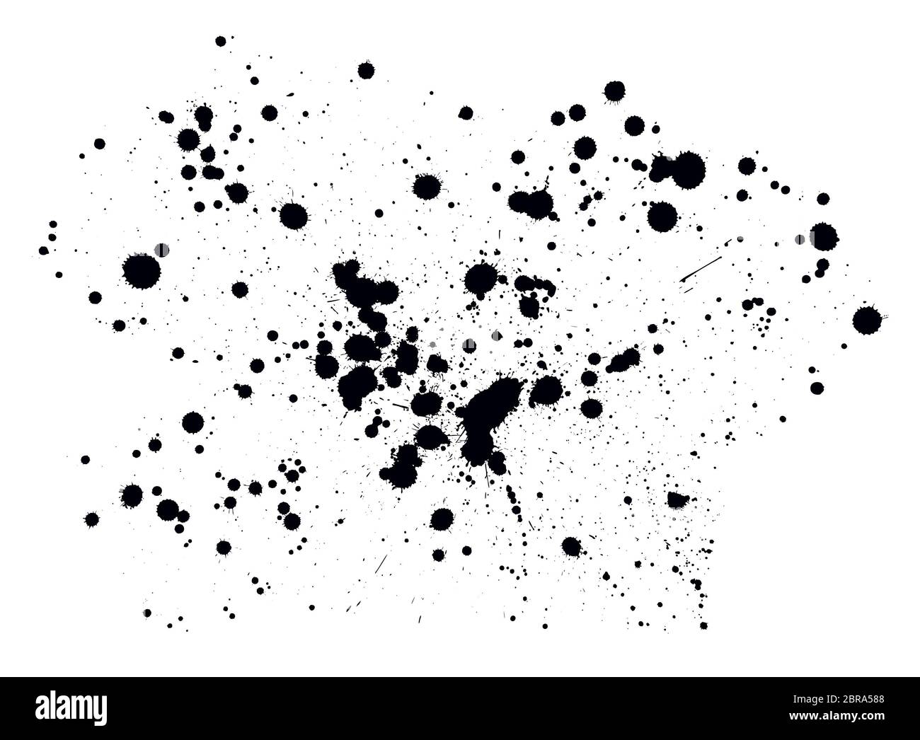 Close up many black paint or ink drop splat stains isolated on white ...