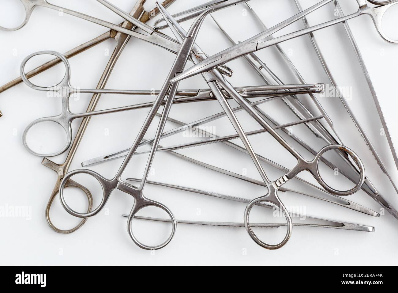 surgical instruments on white isolated background. top view Stock Photo ...