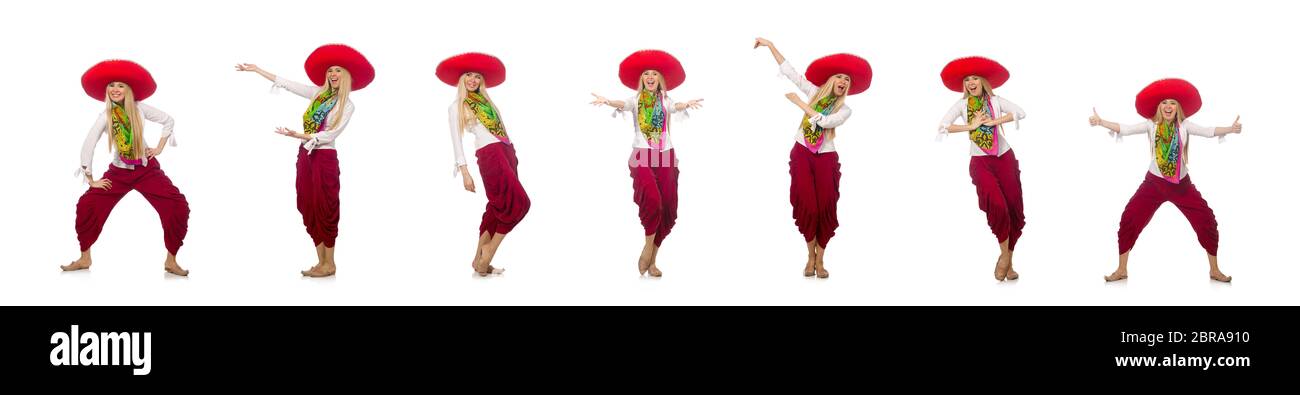 The mexican girl with sombrero dancing on white Stock Photo - Alamy