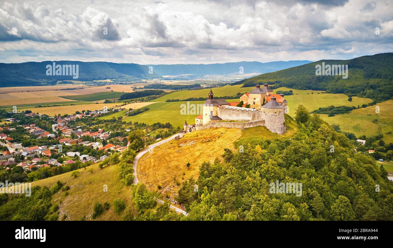 Aerial view of Krasna Horka castle in summer. Palace in Middle Europe ...