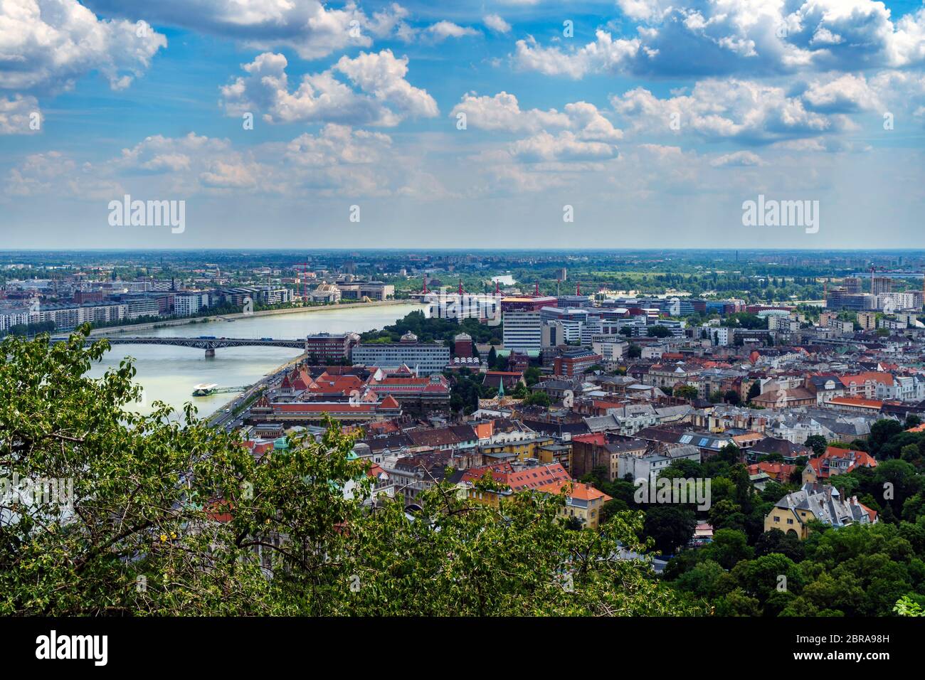 Panorama of Budapest over the Danube river. The bridges destroyed in ...