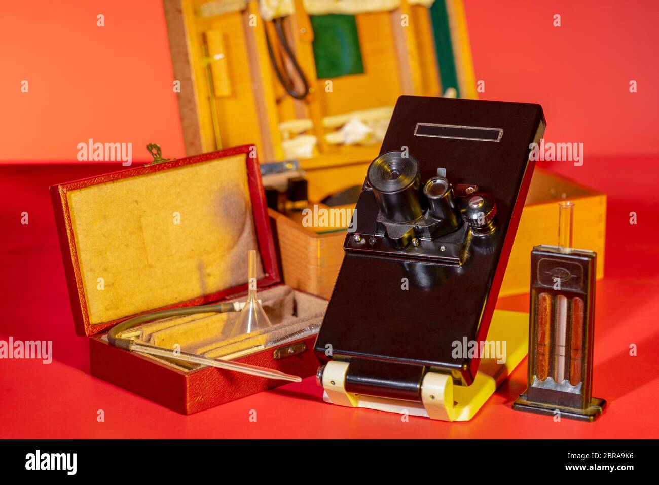 set of historic medical instruments used for blood analysis in red back ...