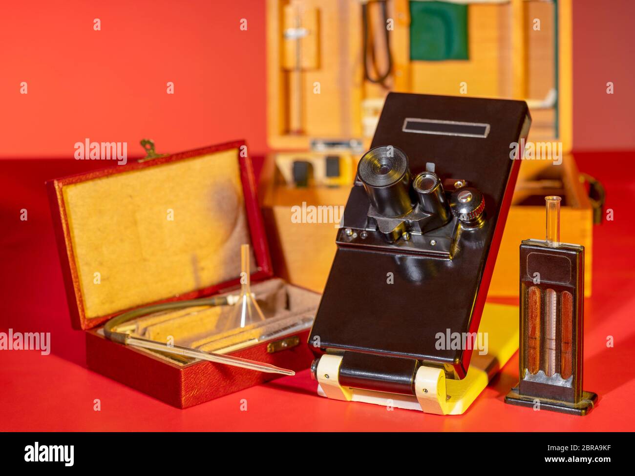 set of historic medical instruments used for blood analysis in red back ...