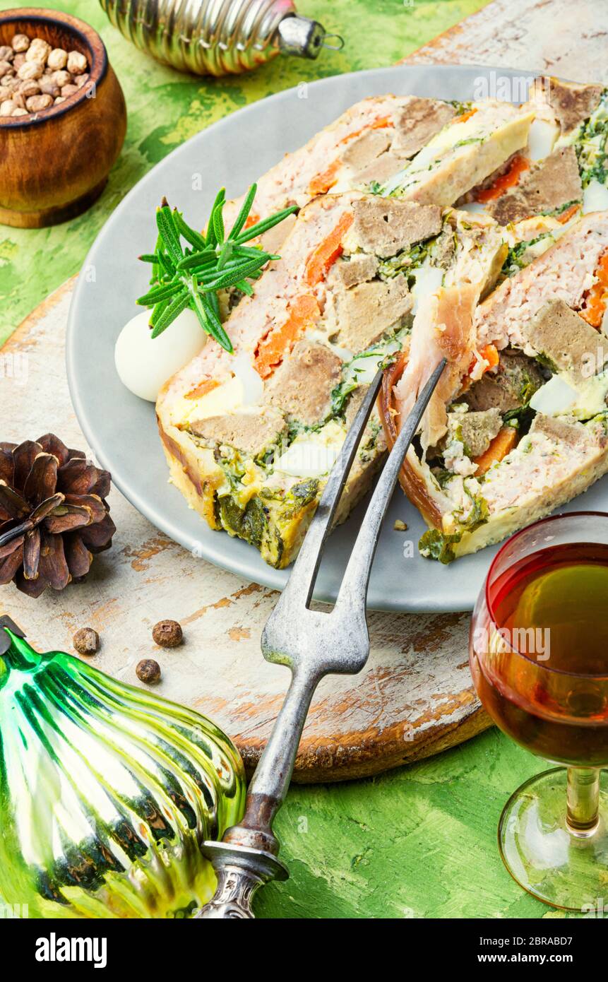 French food.Baked turkey meat.Christmas traditional beef liver terrine ...