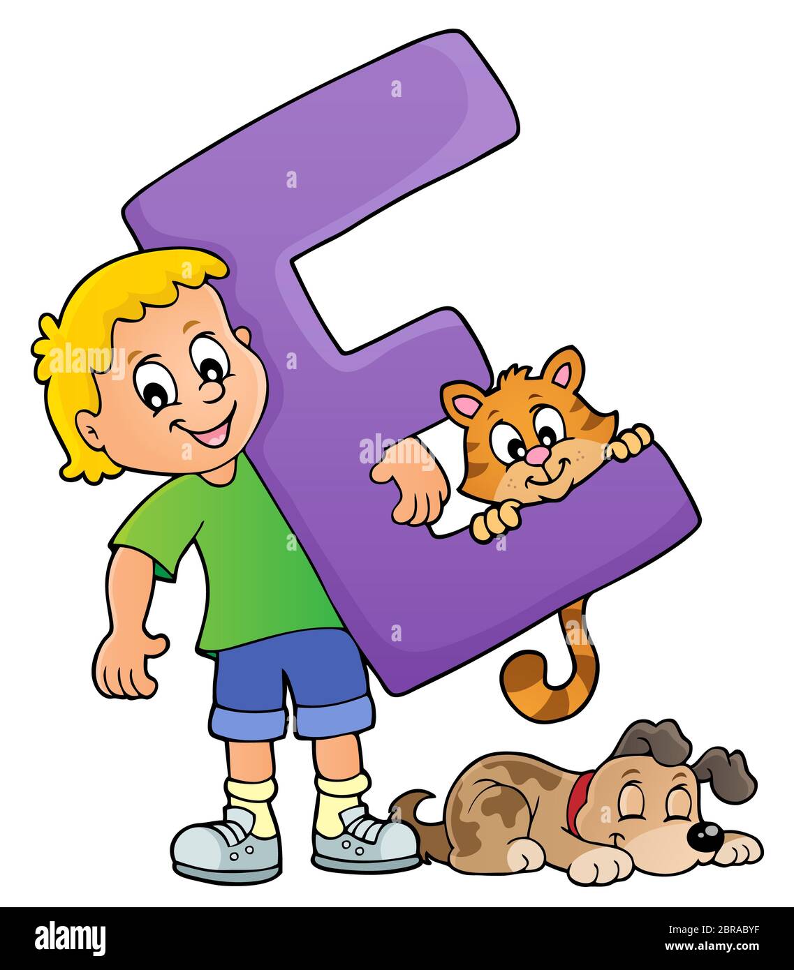 Boy and pets with letter E - picture illustration Stock Photo - Alamy