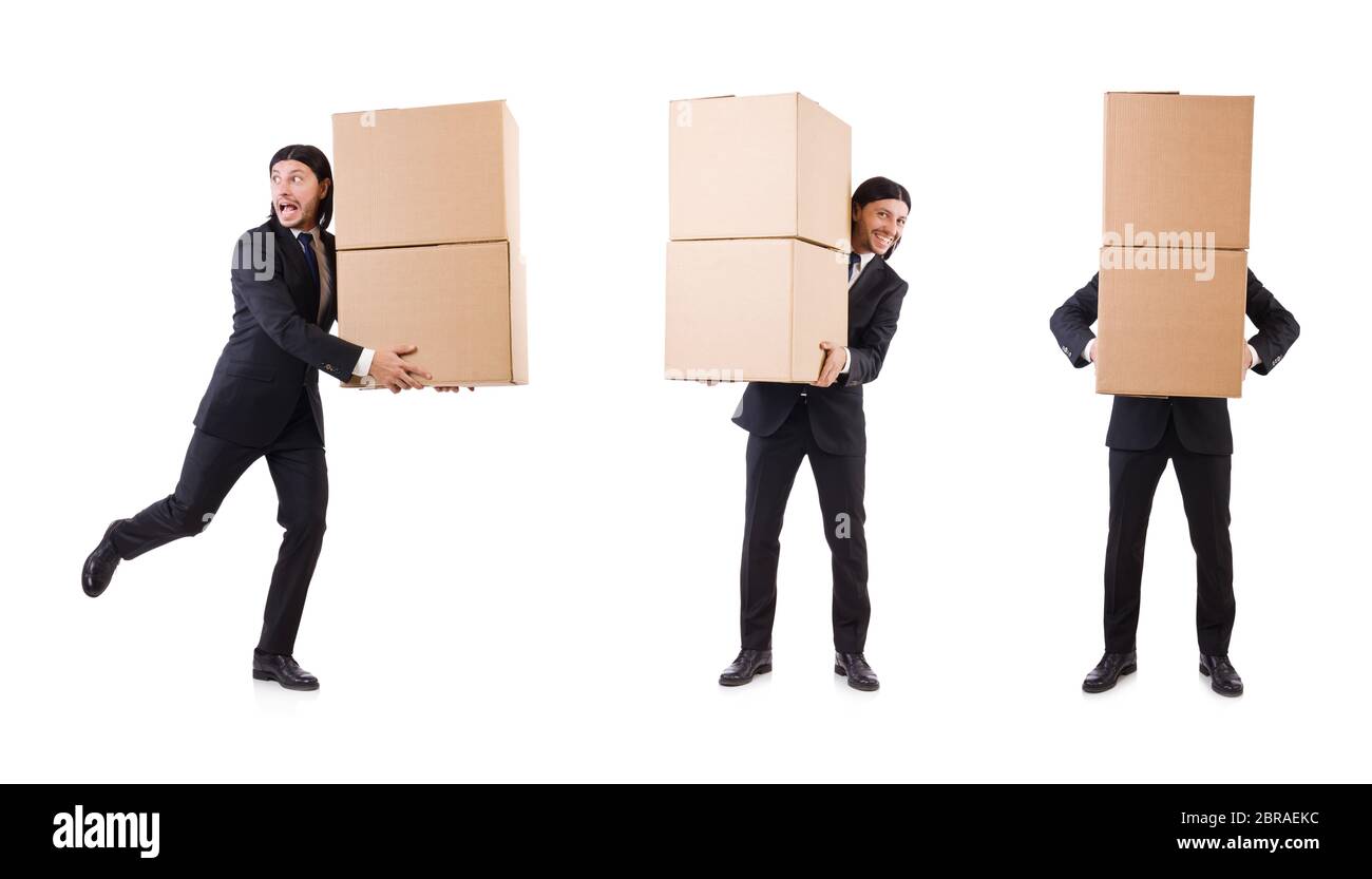 The funny man with boxes on white Stock Photo - Alamy