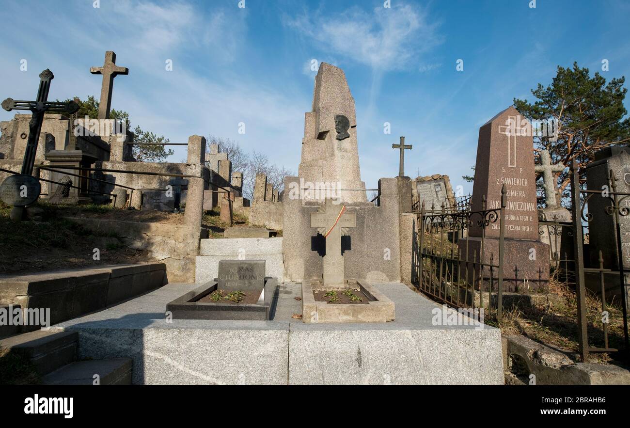 Various old Christian cross graves on a hill at Rasos cemetery. In ...