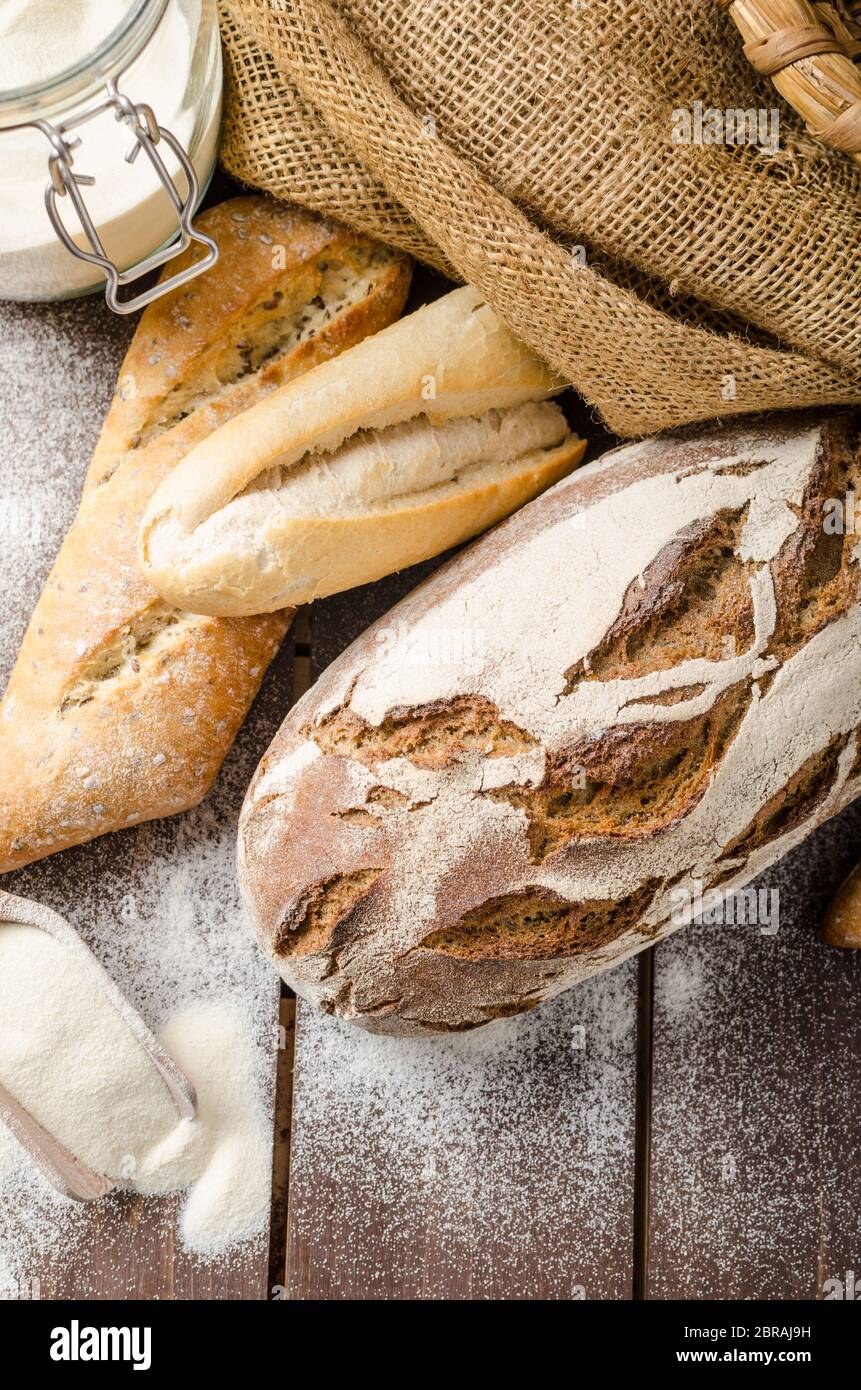 Fresh Farmer rustic style bread with pastry, baked in oven from leaven ...