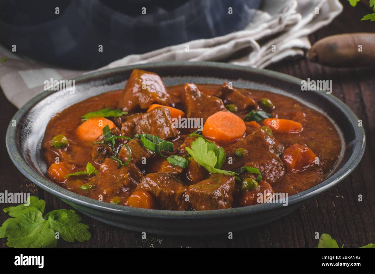 Beef stew with carrots, food photography, lot of herbs inside stew ...
