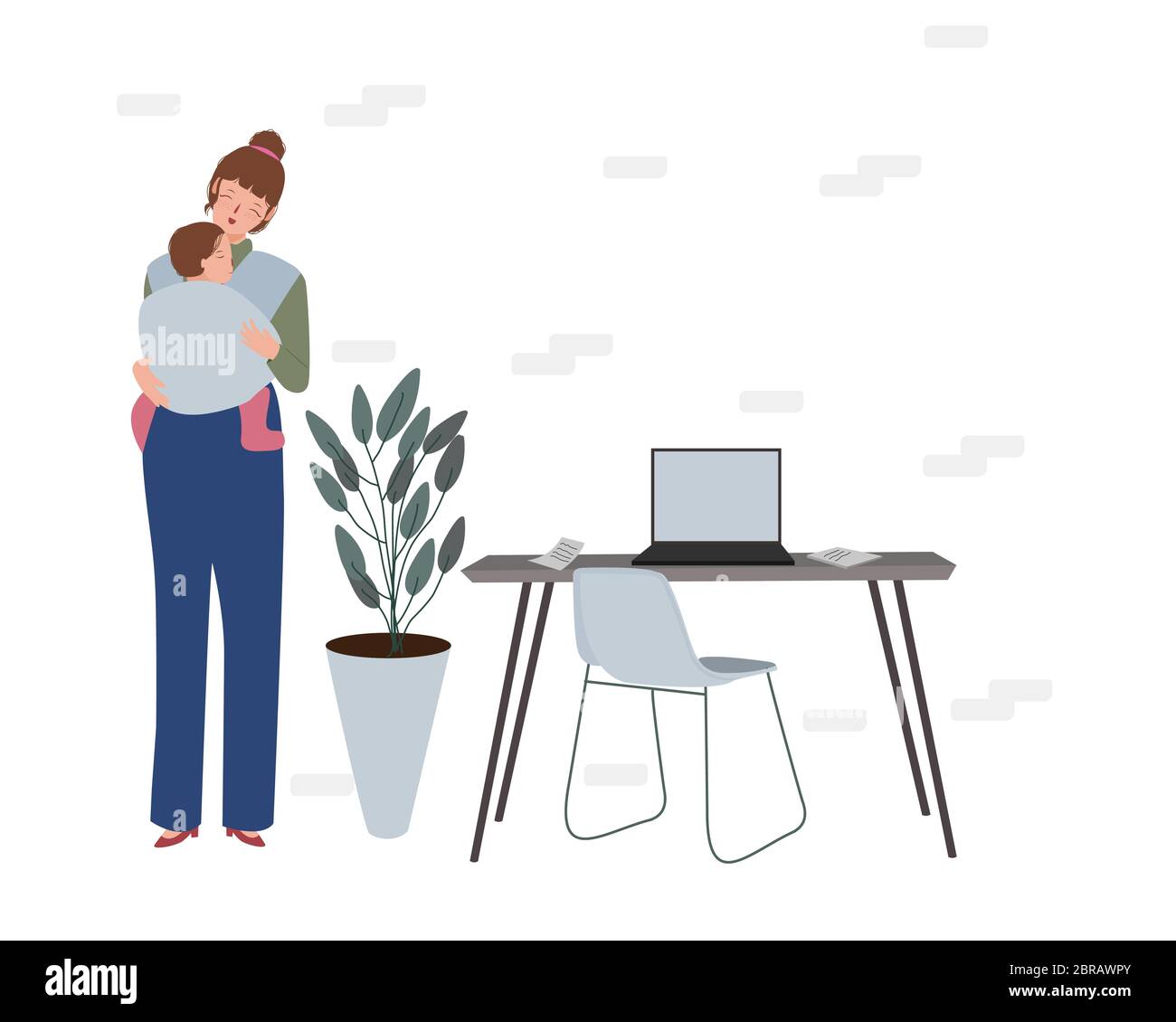 mother works from home holding her child. modern flat cartoon design ...