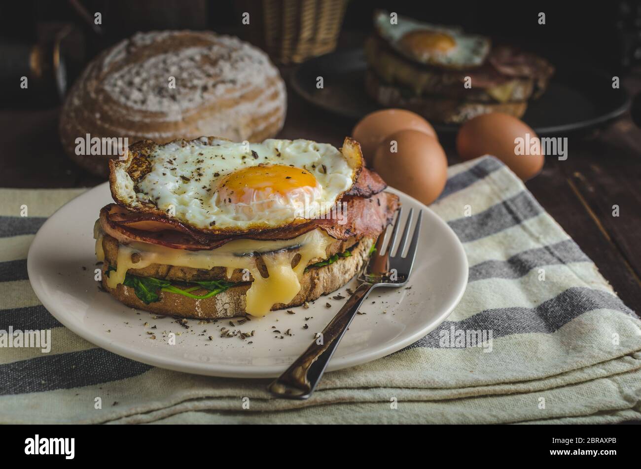 Croque madame delicious french breakfast with ham, cheese, egg and ...