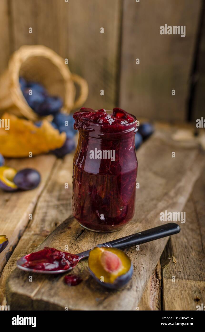 Domestic plum jam from fresh picked plums Stock Photo - Alamy
