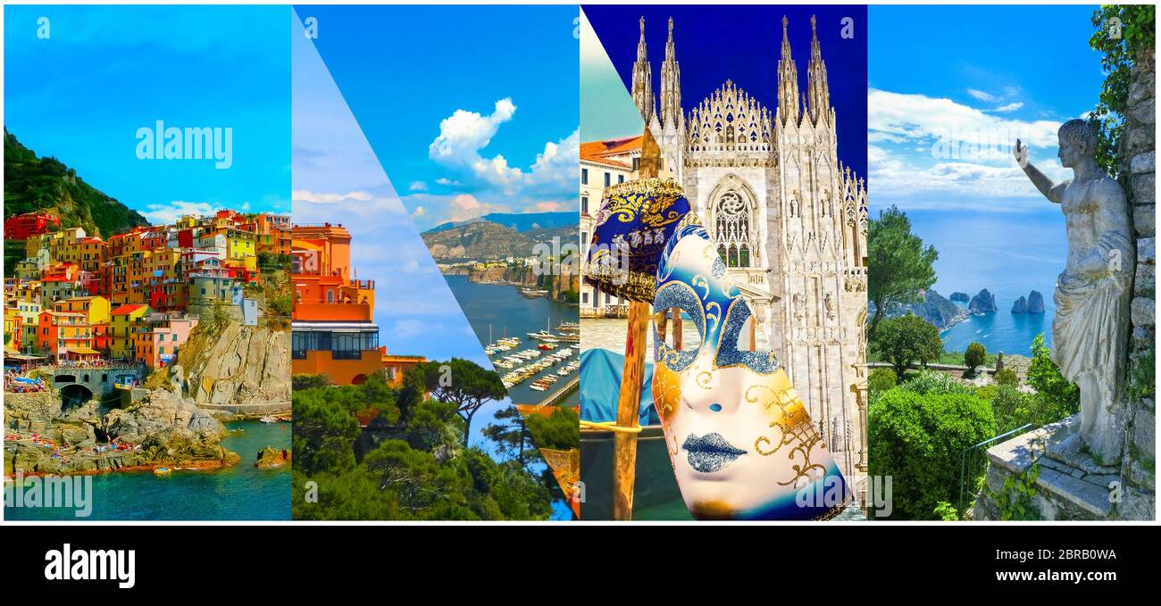 The collage of Cinque Terre, Capri and Milan photos in Italy Stock ...
