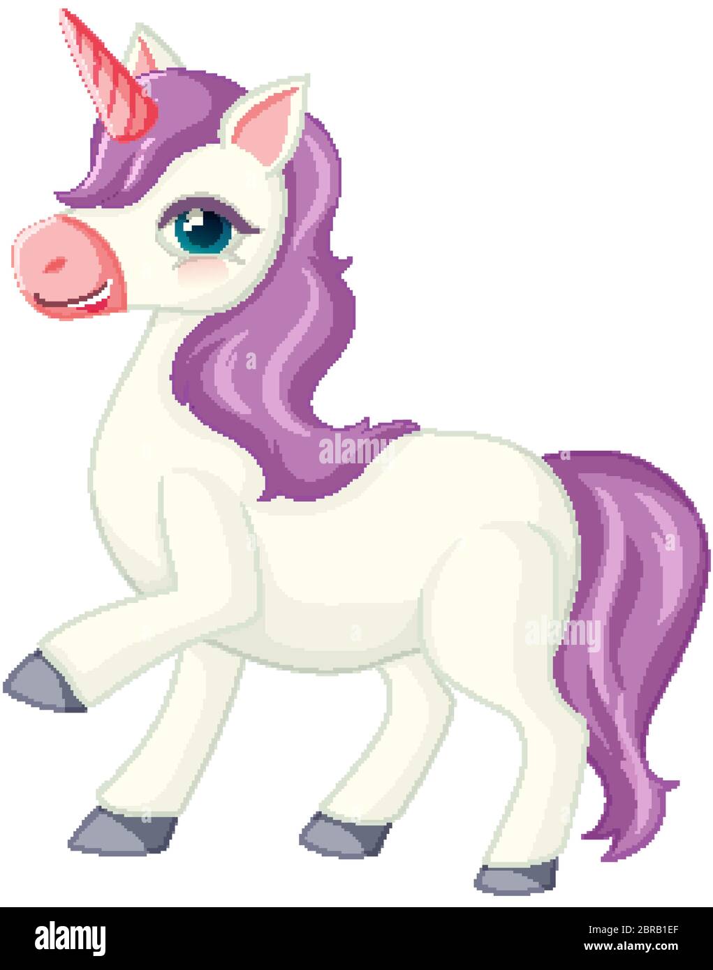 Cute purple unicorn in standing position on white background ...