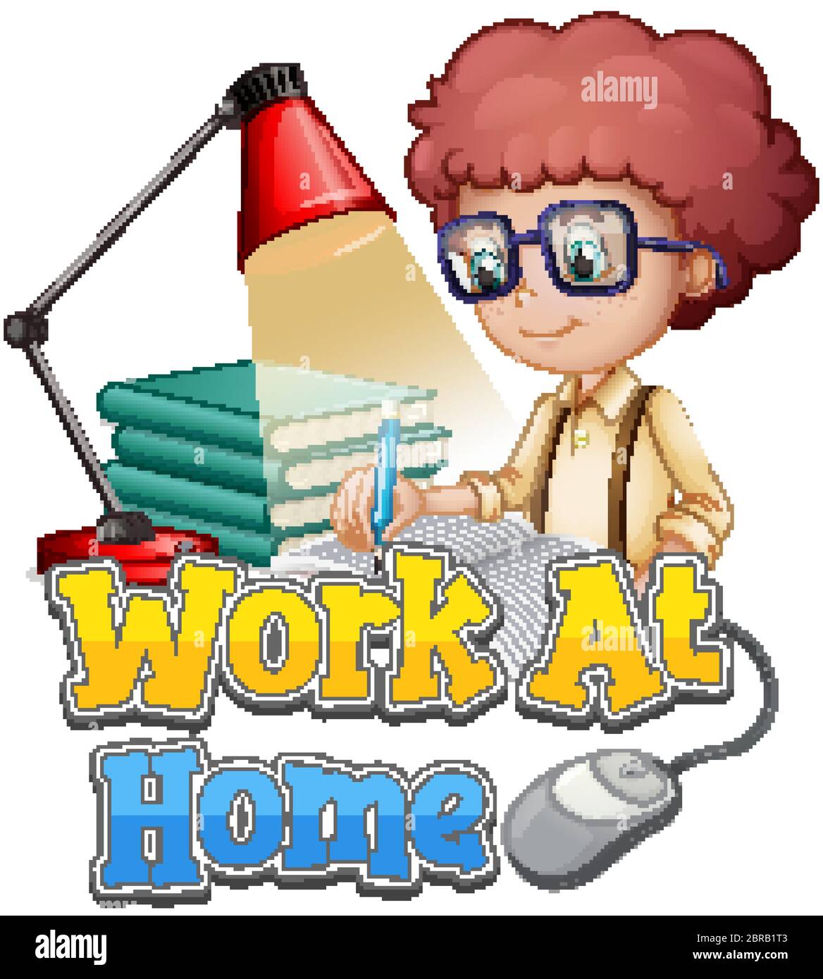 Font design for work from home with boy doing homework illustration ...
