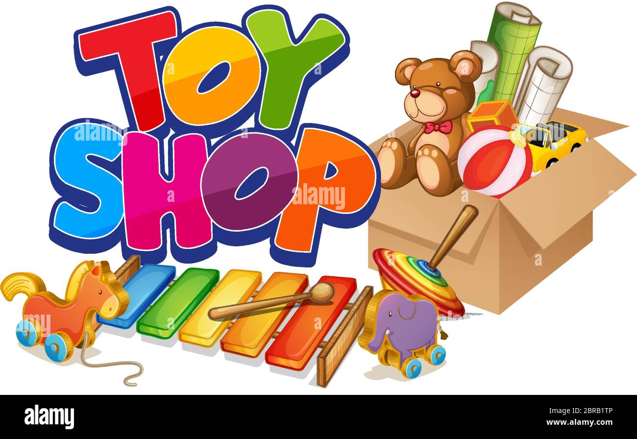 Font design for word toy shop with many toys in background illustration ...