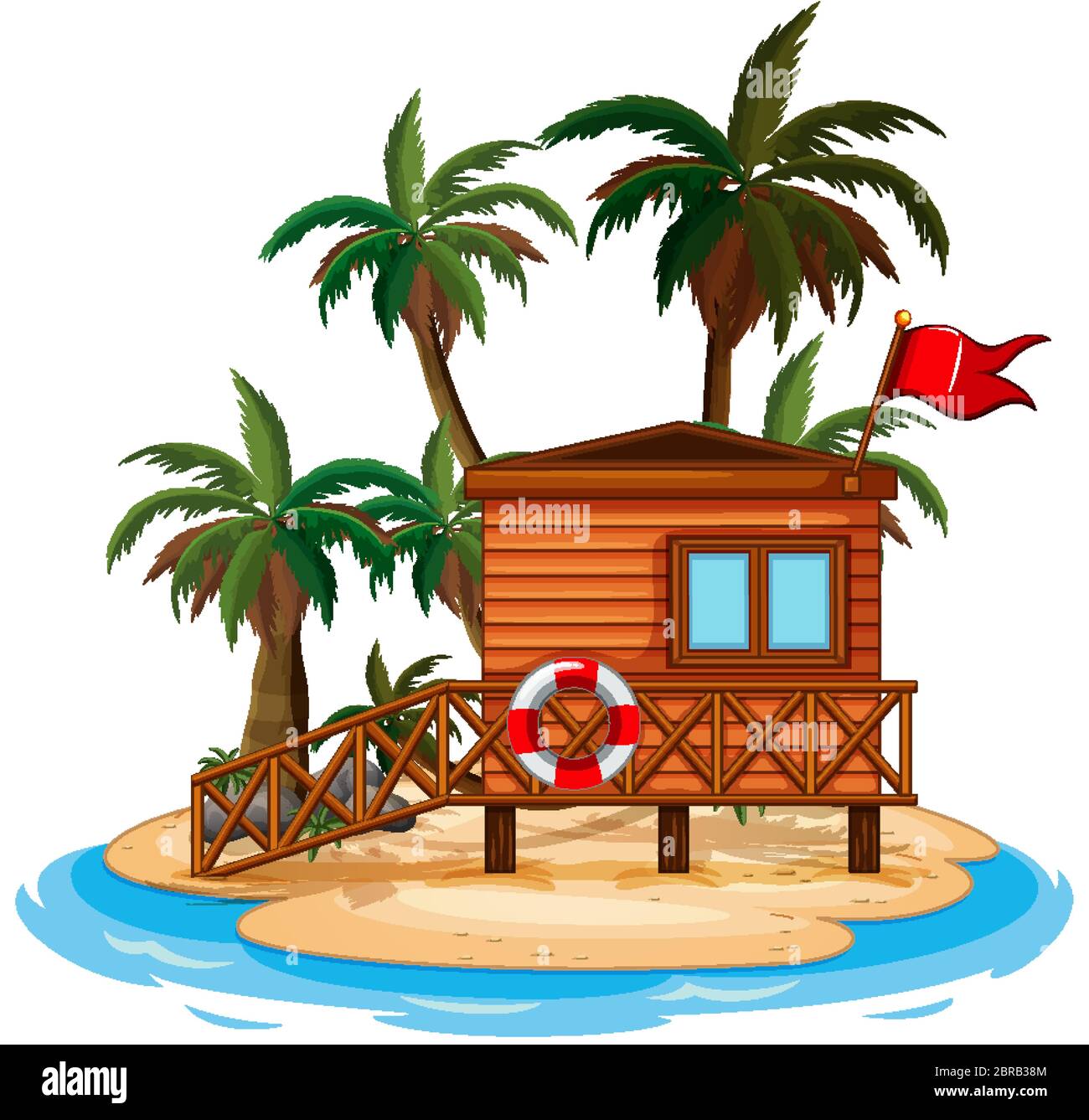 Scene with wooden hut on the island on white background illustration ...
