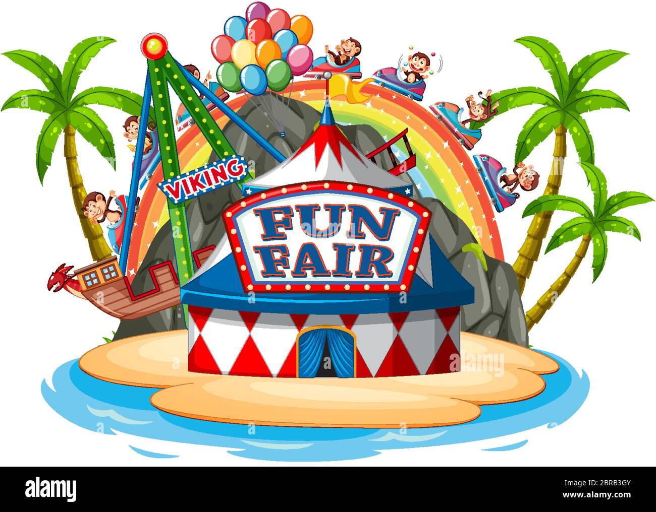 Scene with monkeys on the rides at fun fair on white background ...