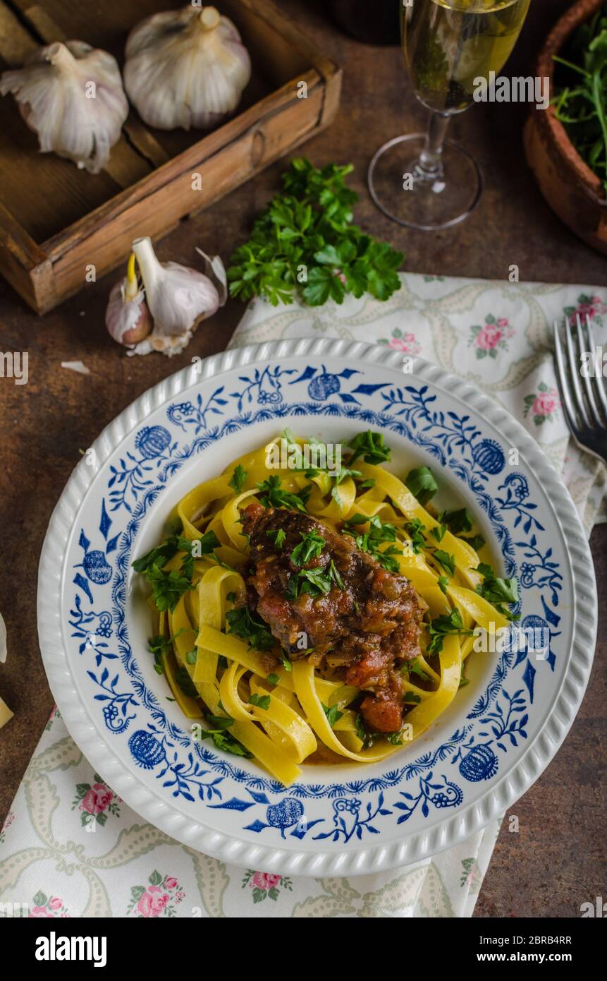 Italian pasta with beef stew, rustic food, lots of delicious flavours ...