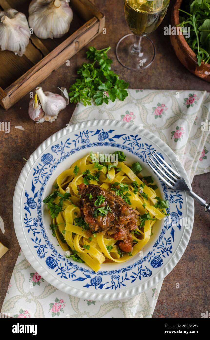 Italian pasta with beef stew, rustic food, lots of delicious flavours ...