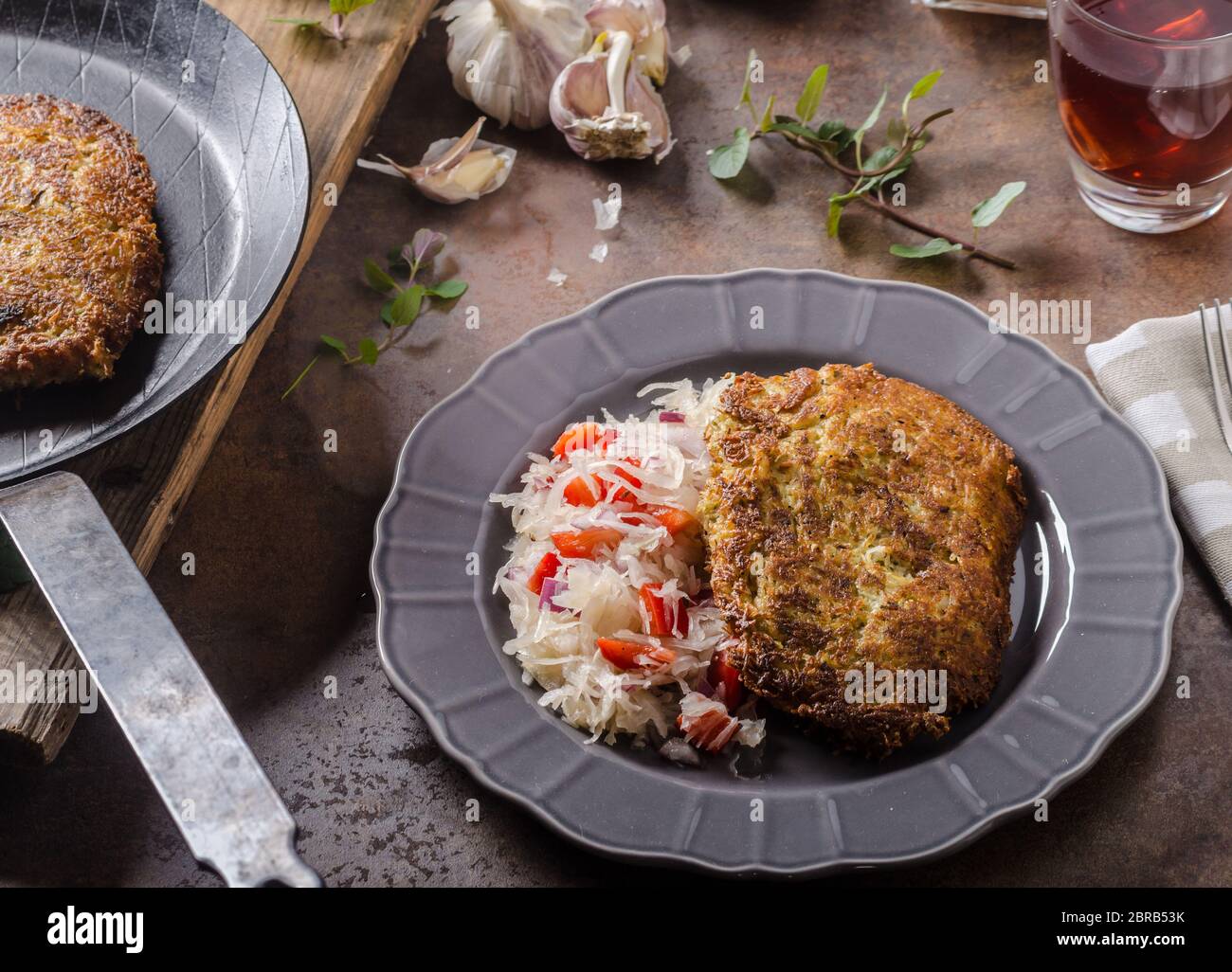 Potato pancakes with coleslaw, place for your advertising Stock Photo ...