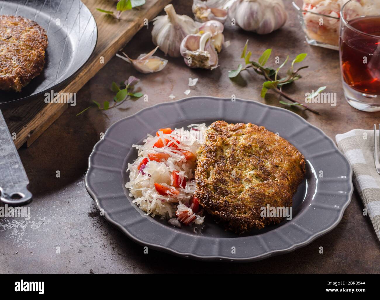 Potato pancakes with coleslaw, place for your advertising Stock Photo ...