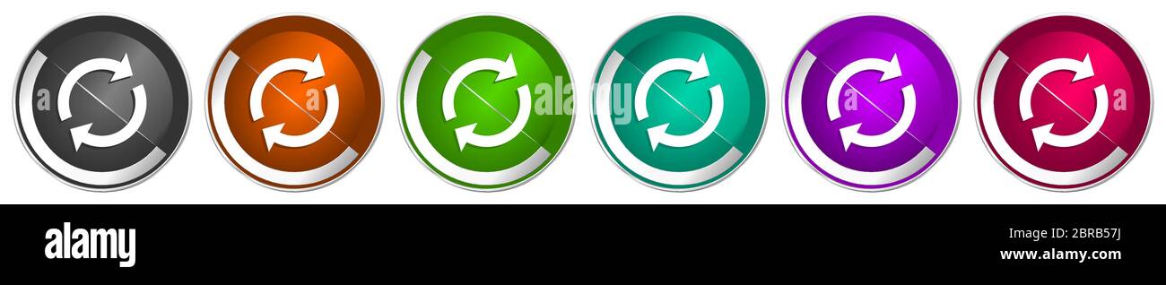 Reload icon set, silver metallic chrome border vector web buttons in 6 ...