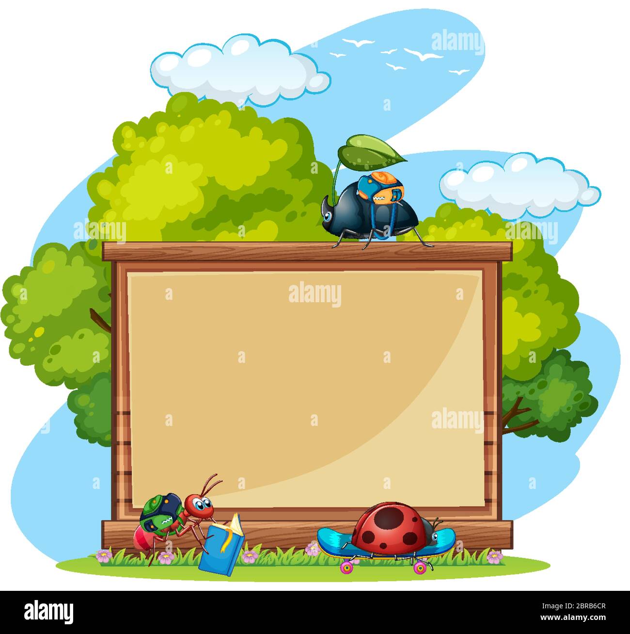Border template design with insects in the garden background ...