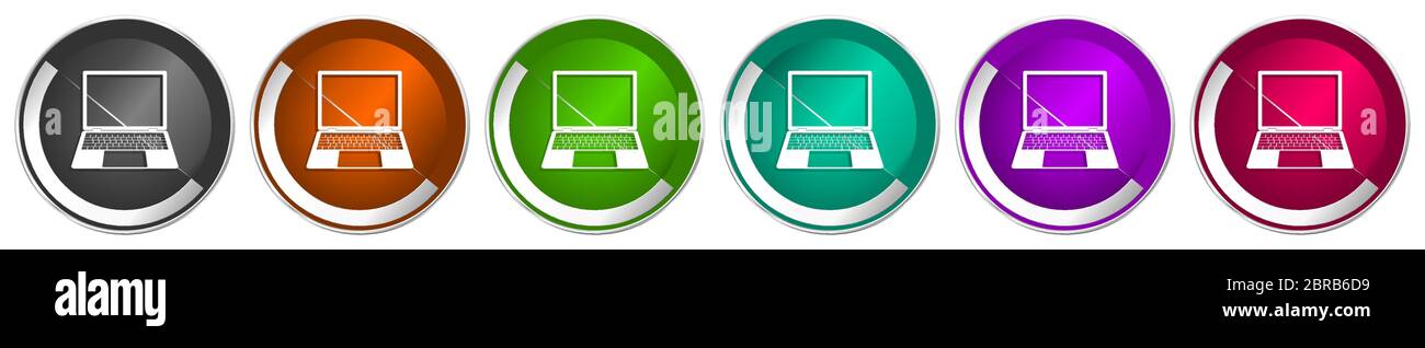 Open notebook icon set, laptop, mobile computer silver metallic chrome ...