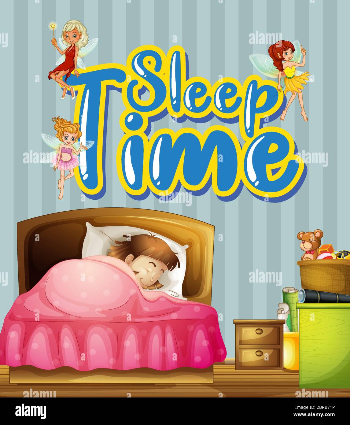 Poster design with little girl sleeping in bed and word sleep time on ...