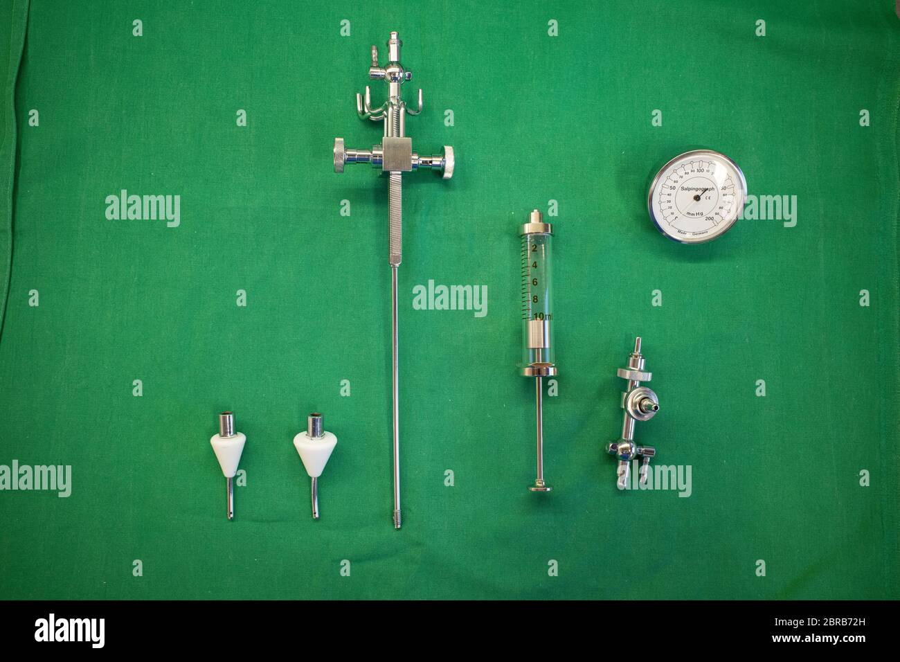 a salpingoscope is placed on a surgical drape to show the color of the ...