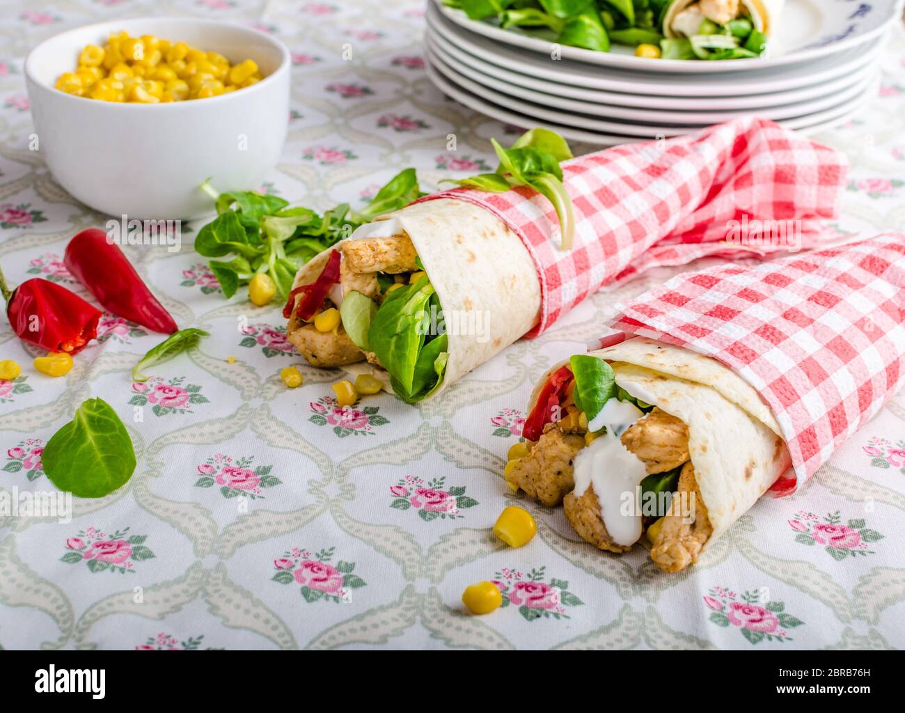 Chicken tortilla cones with vegetable, corn and chilli peppers Stock ...
