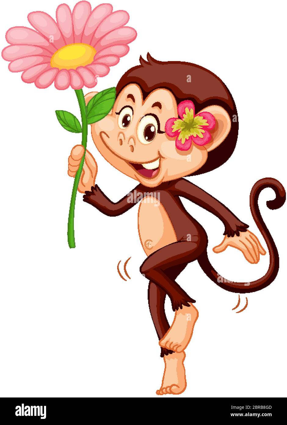 Cute monkey holding pink flower on white background illustration Stock ...
