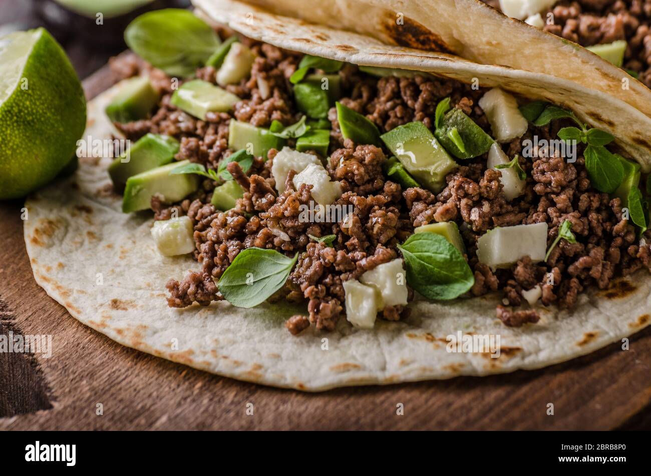 Homemade minced beef tortilla, fresh avocado and mozarella cheese ...