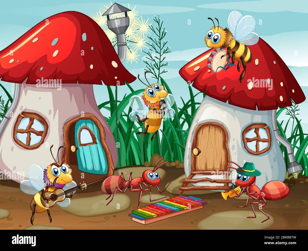 Musician insects at mushroom house illustration Stock Vector Image ...