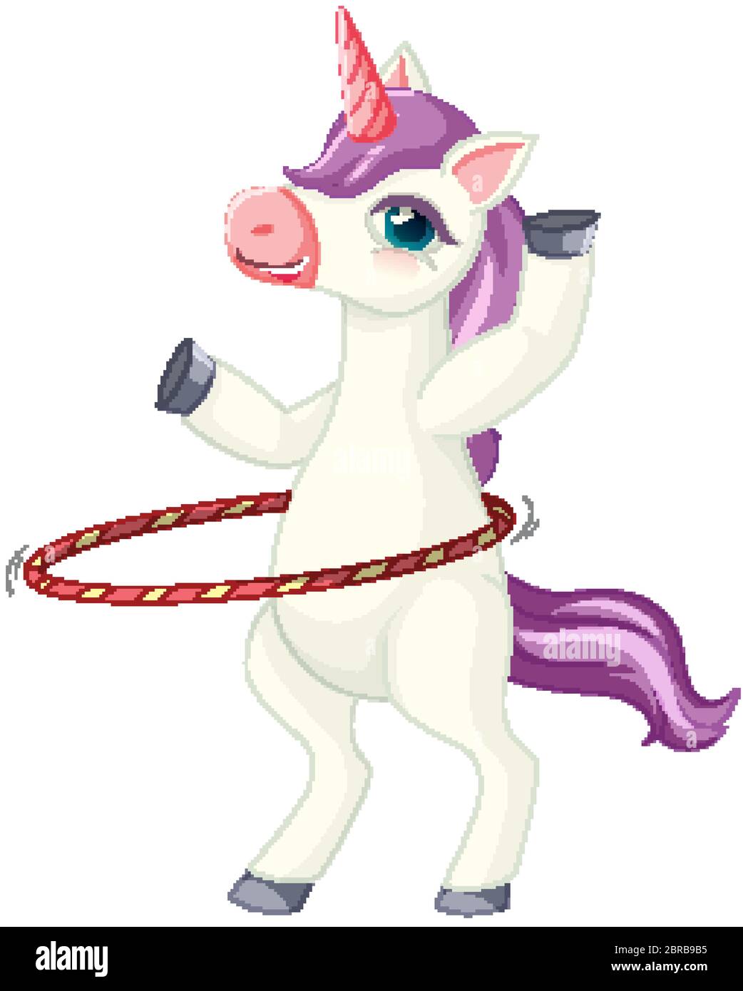 Cute purple unicorn in playing hula hoop position on white background ...