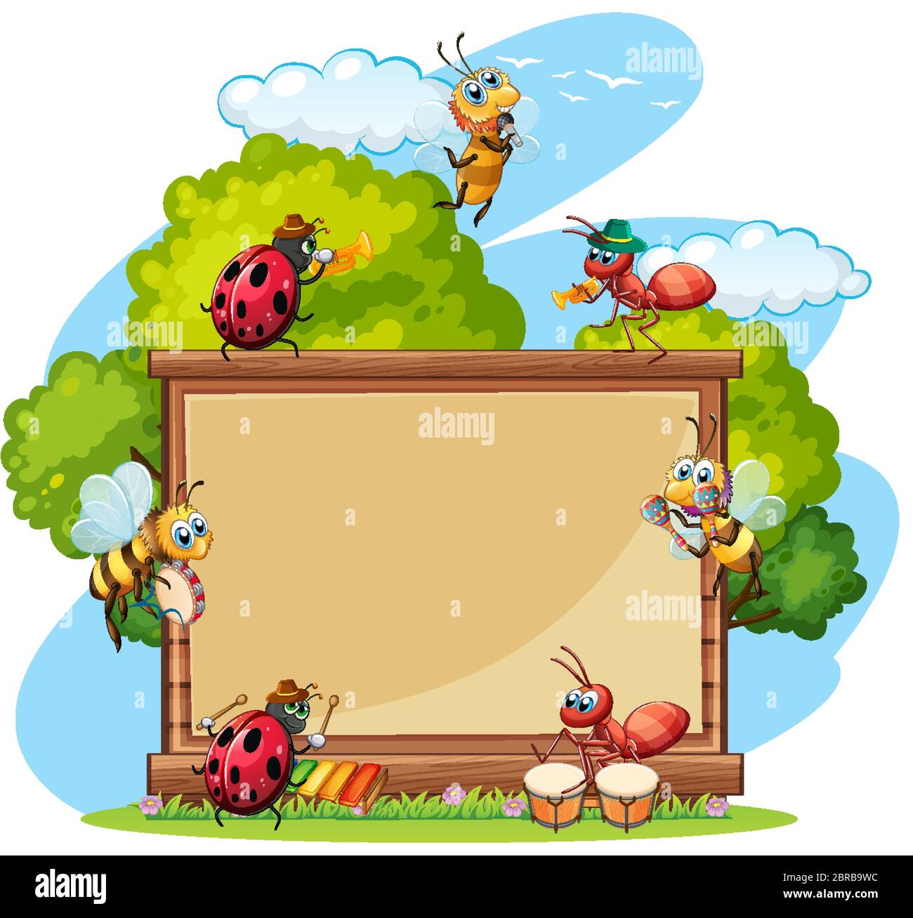 Border template design with insects in the garden background ...