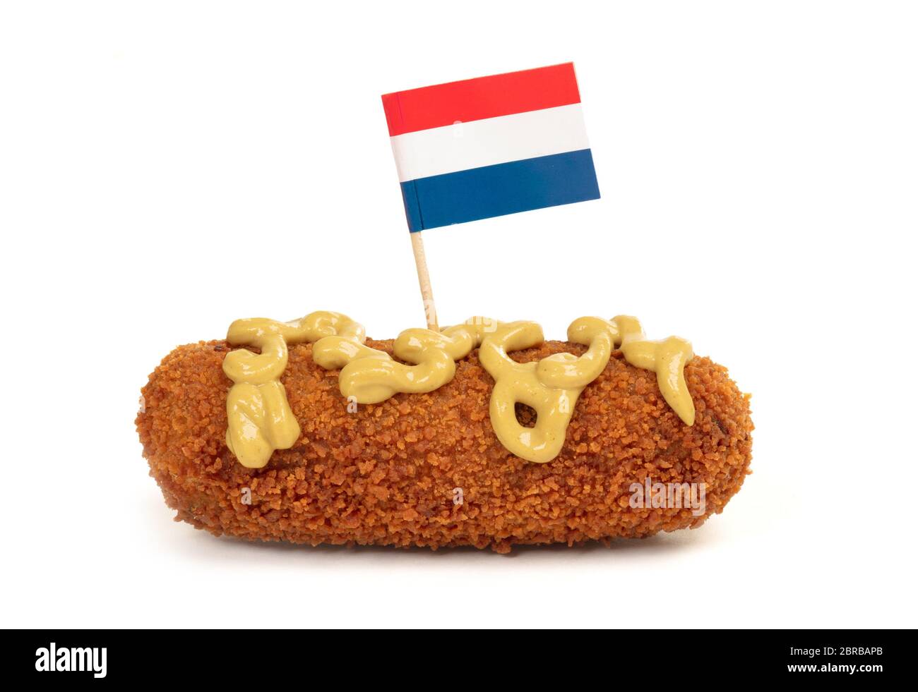 Brown crusty dutch kroket with mustard topping isolated on a white ...