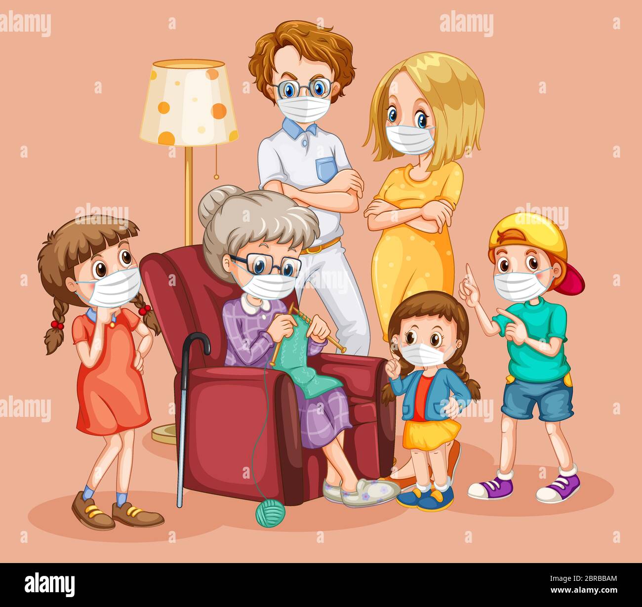 Family member cartoon character wearing mask on color background ...