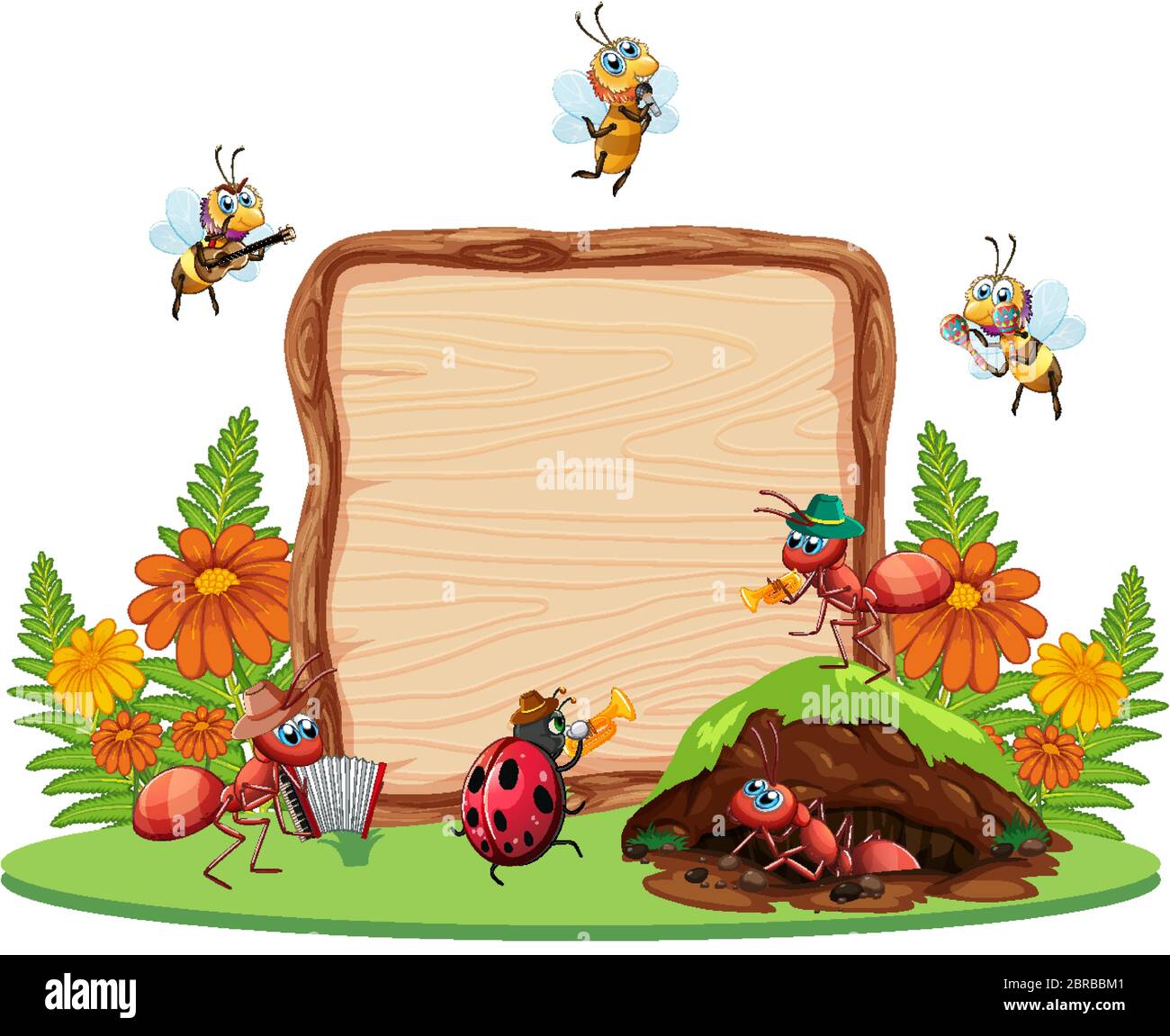 Border template design with insects in the garden background ...