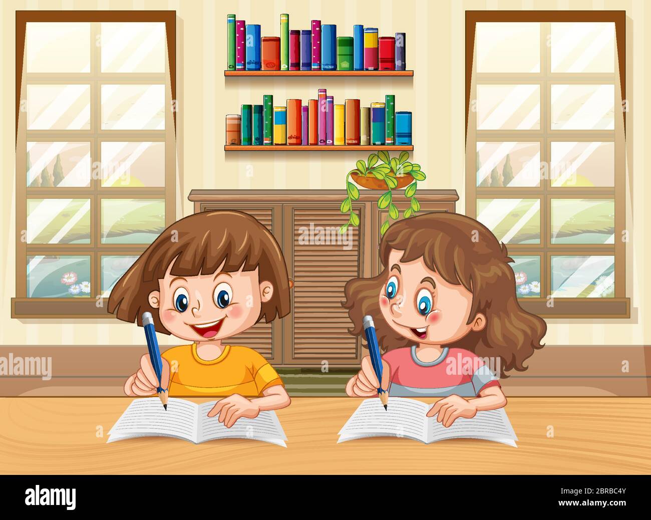 Two kids cartoon character doing homework in the living room ...