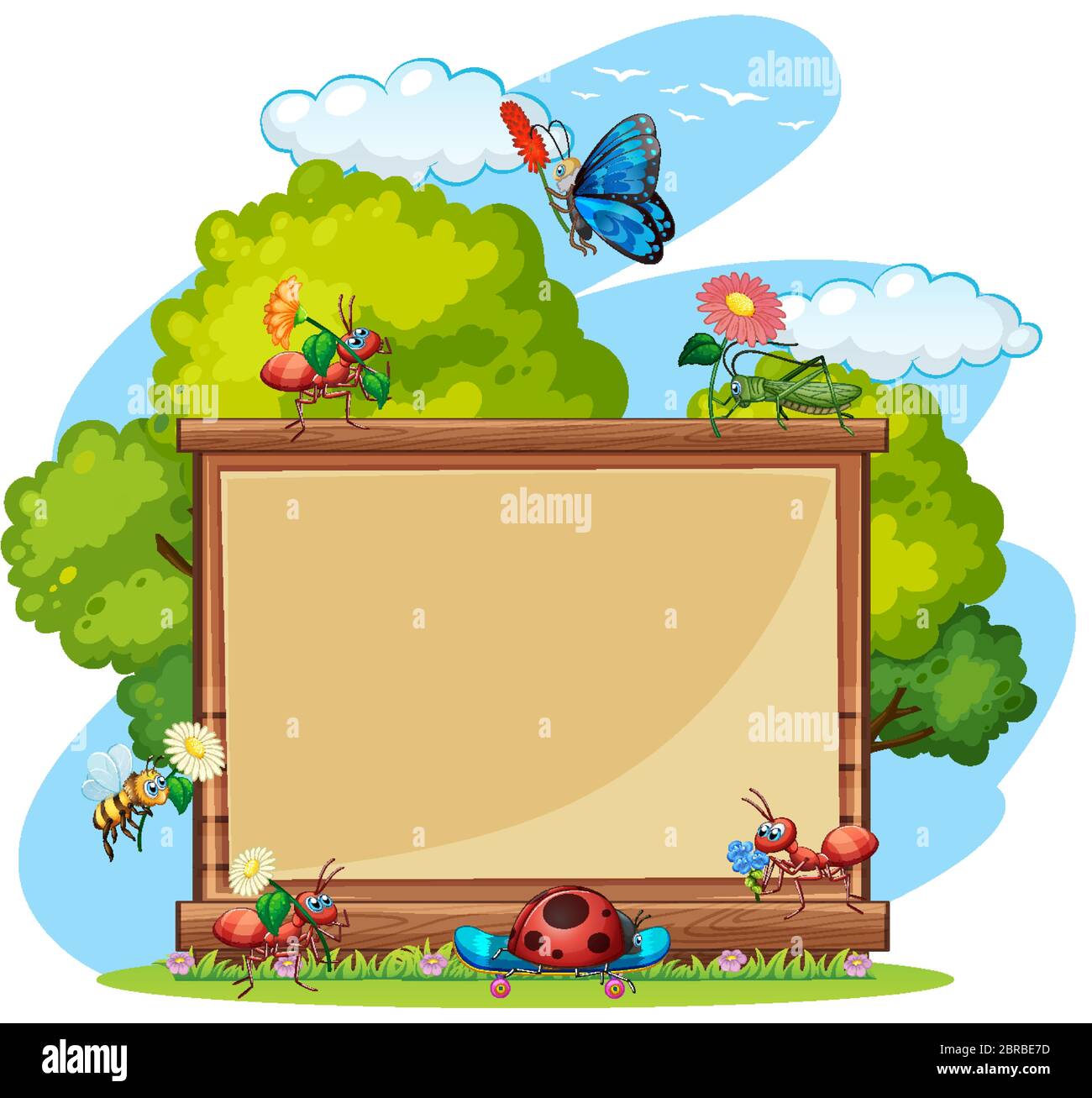 Border template design with insects in the garden background ...
