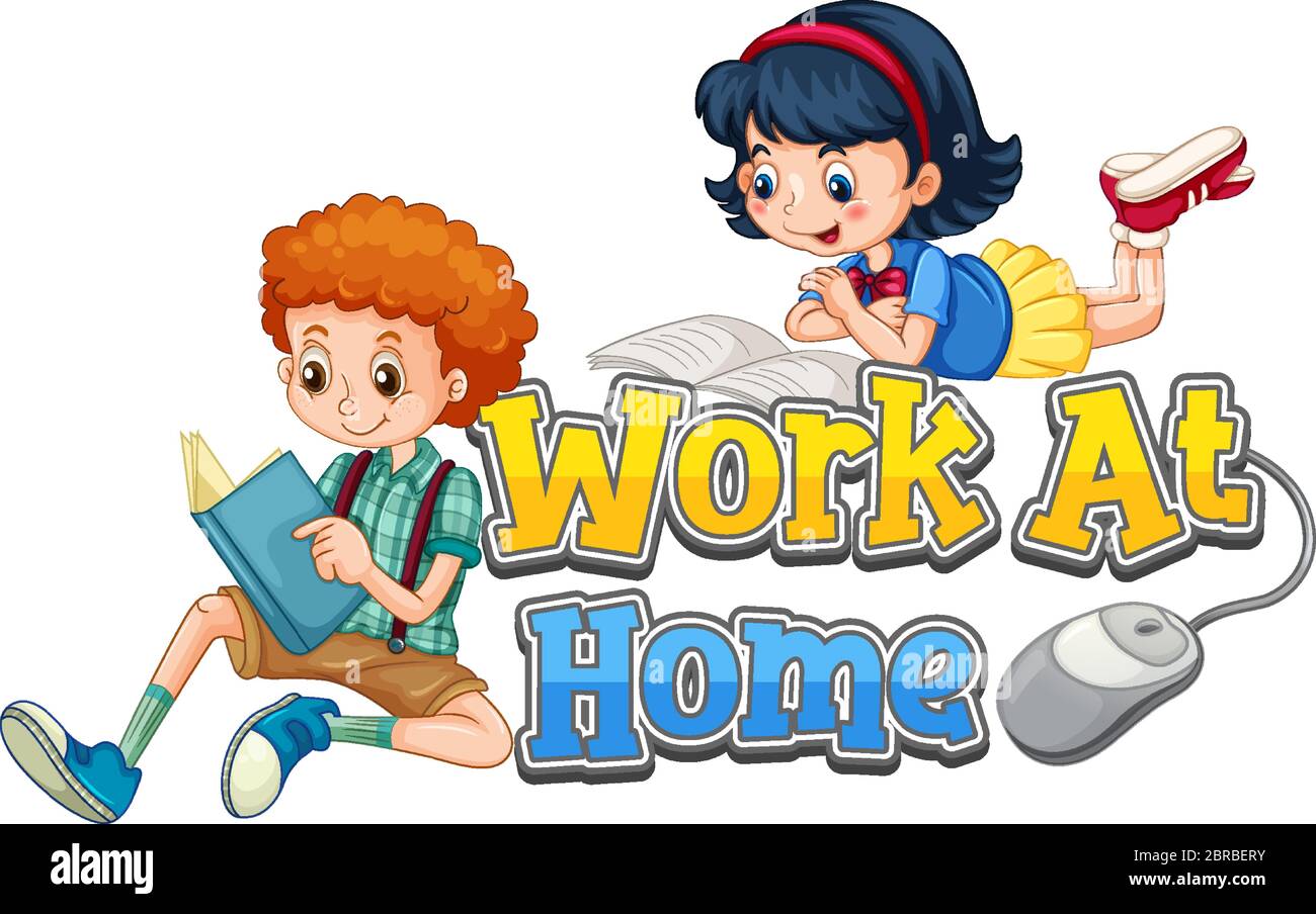 Boy and girl with work at home sign illustration Stock Vector Image ...